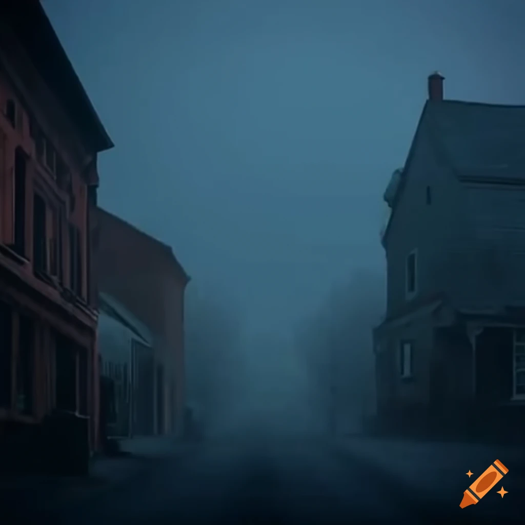 American town main street covered in evil mist on Craiyon