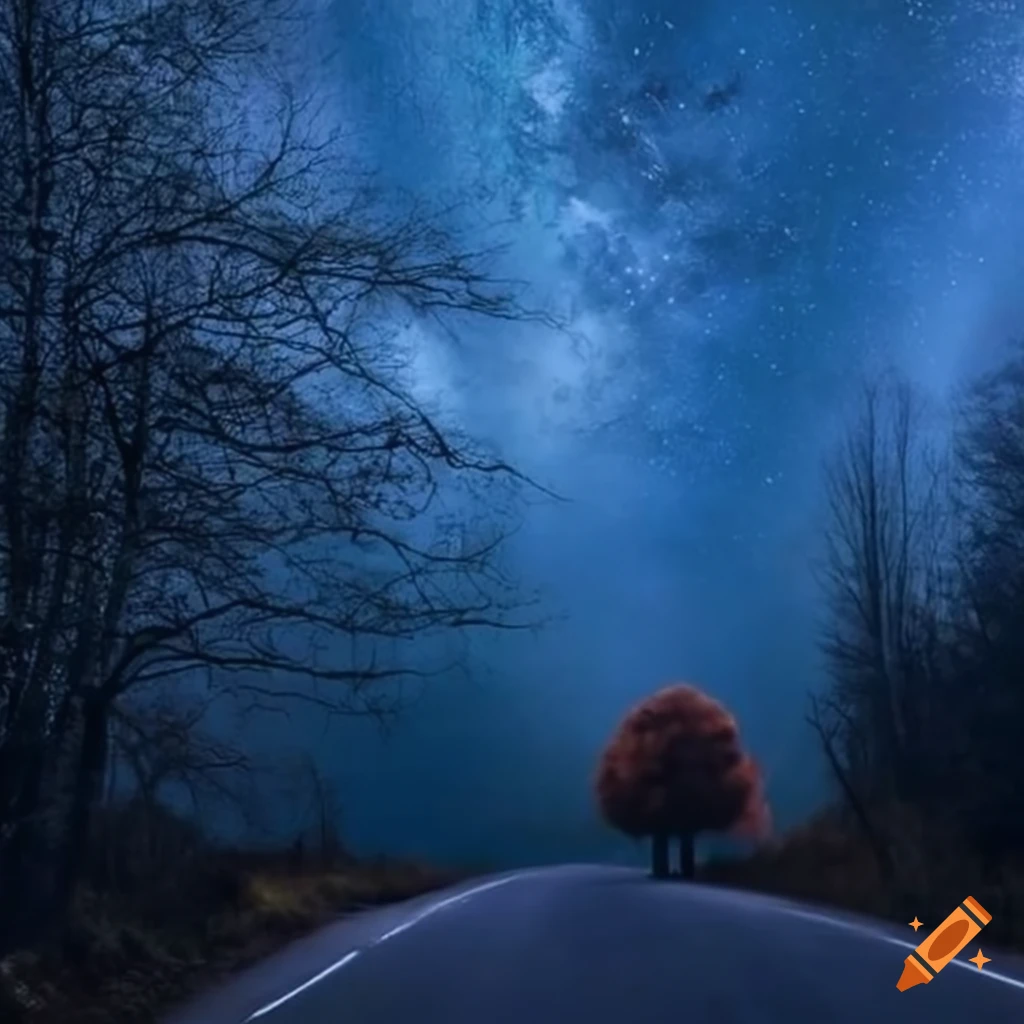 Magical road under starlit sky with overhanging trees on Craiyon
