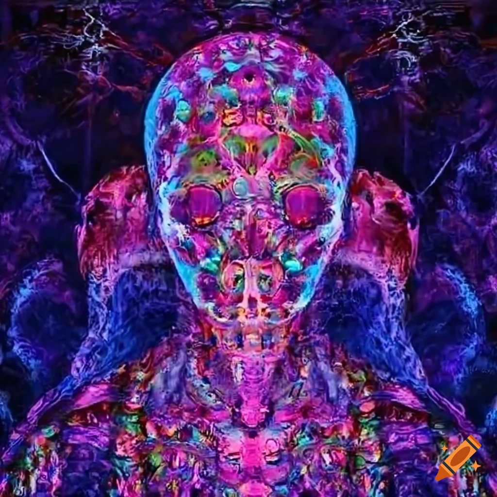 Machine beings in a psychedelic setting on Craiyon