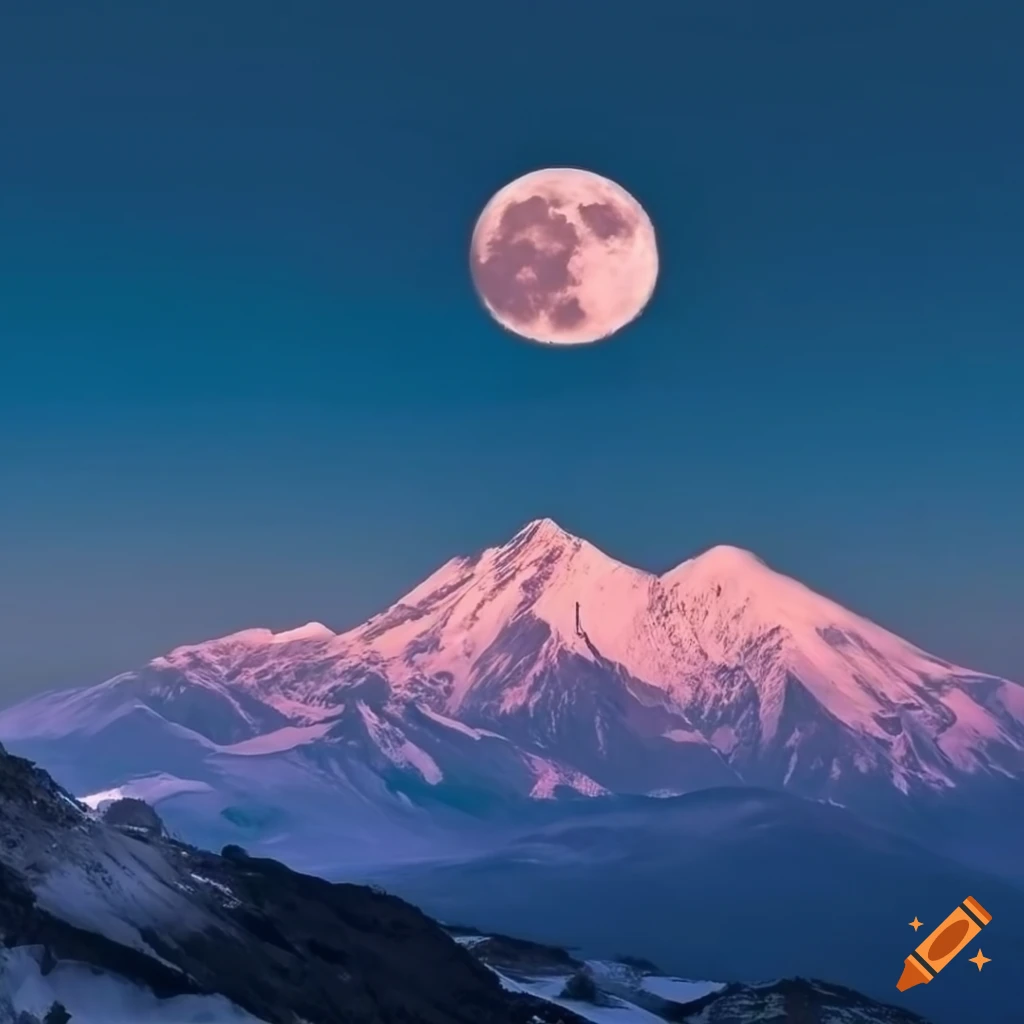 Full moon rising above mountain range with shining light on peaks on ...