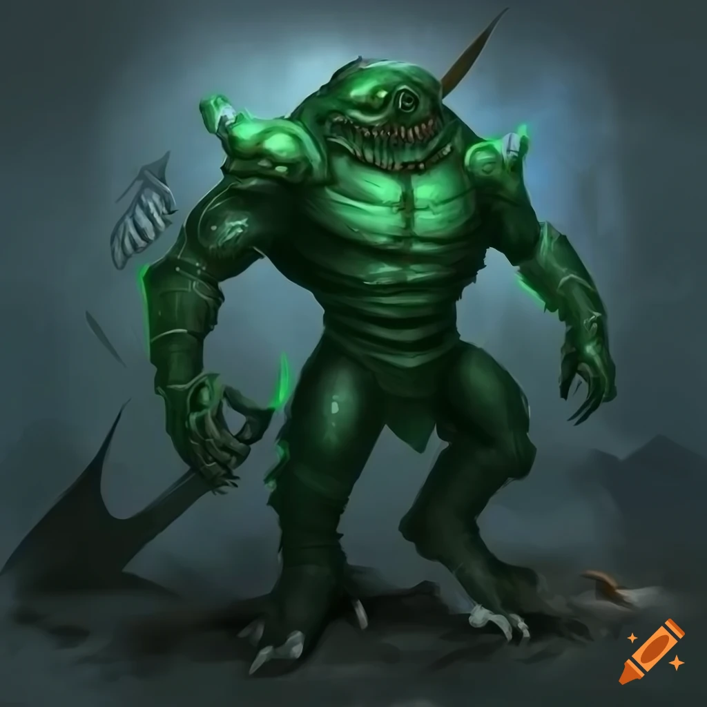 Armored humanoid amphibian with a large mouth in a fantasy art ...