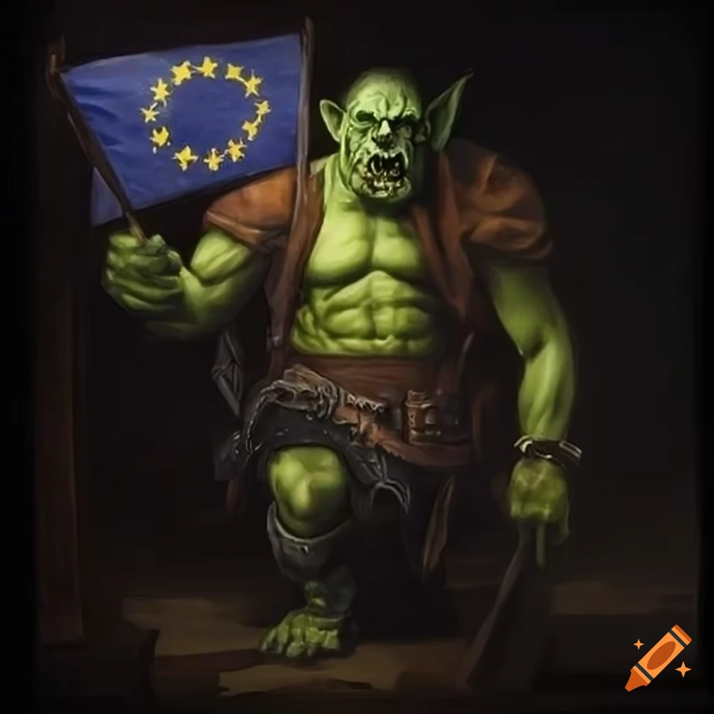 Painting of an orc carrying a european flag on Craiyon