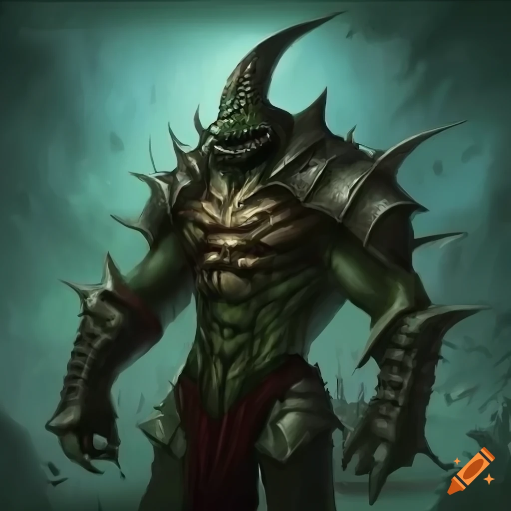 Armored humanoid amphibian with large mouth in a fantasy setting on Craiyon