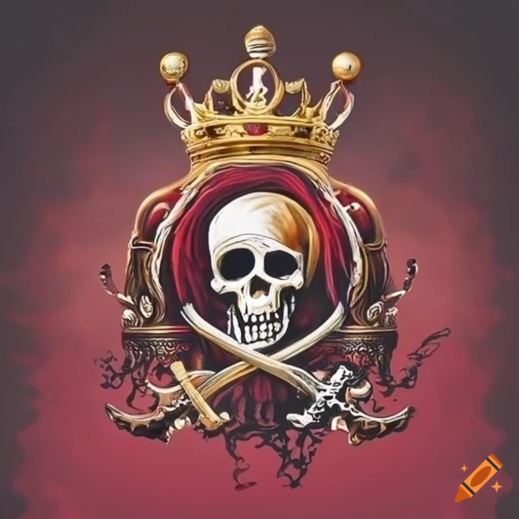 Vibrant crimson pirate flag with regal crown crest on Craiyon