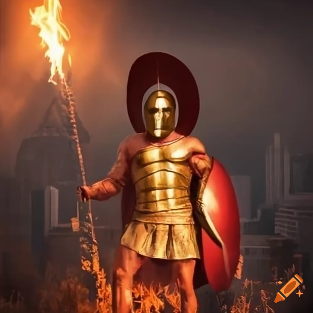 Classical spartans celebrating around a bonfire in a modern city on Craiyon