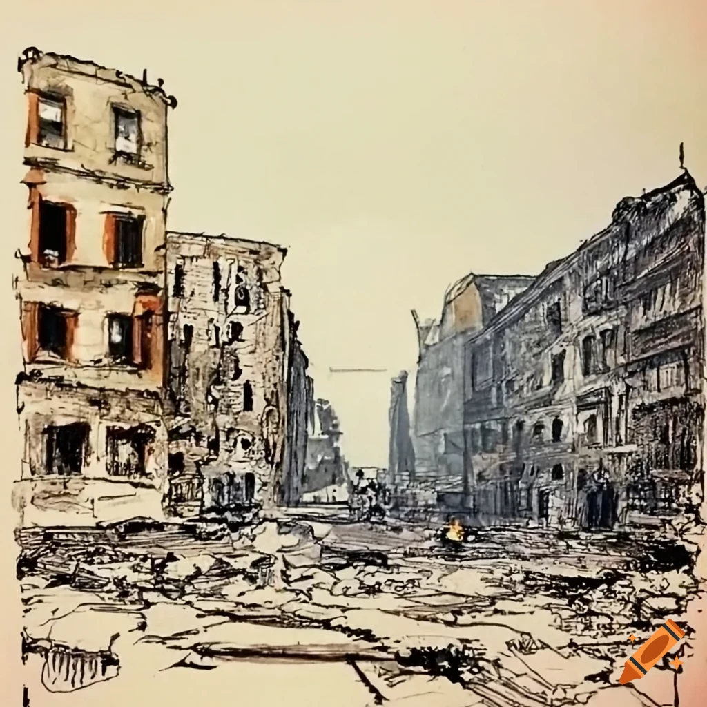 Drawing of ruined streets in stalingrad during world war 2 on Craiyon