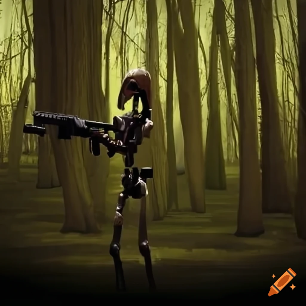 Battle droid firing gun in a forest scene on Craiyon