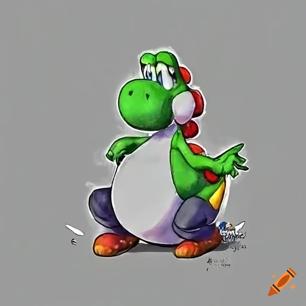 Smug green yoshi from super mario bros. with its unique bulging belly ...