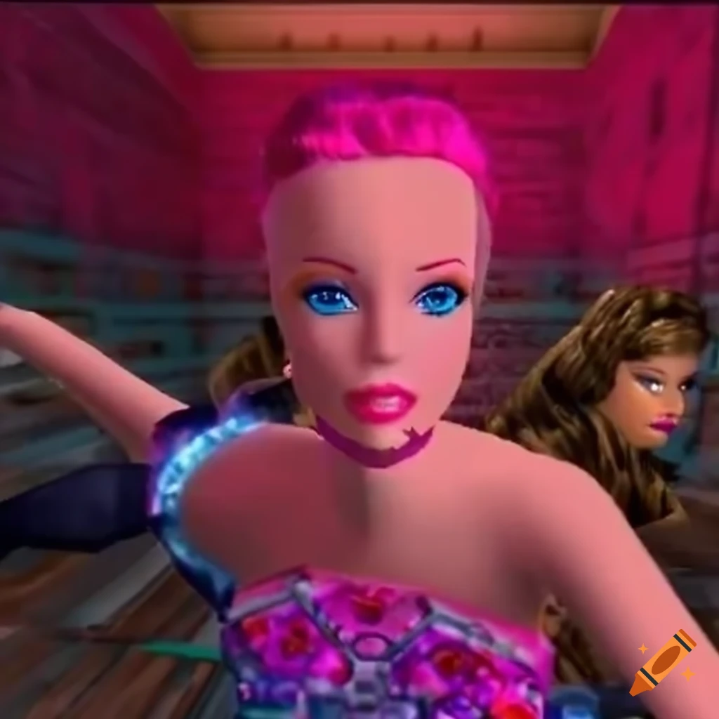 Colorful Barbie filter over a Doom 1993 screenshot on Craiyon