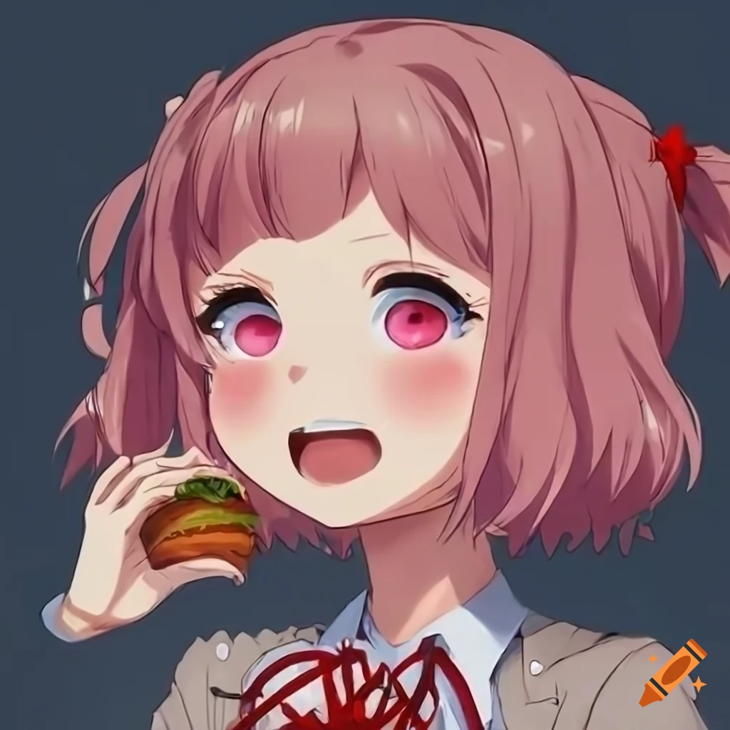 Natsuki with a massive burger and unique features on Craiyon