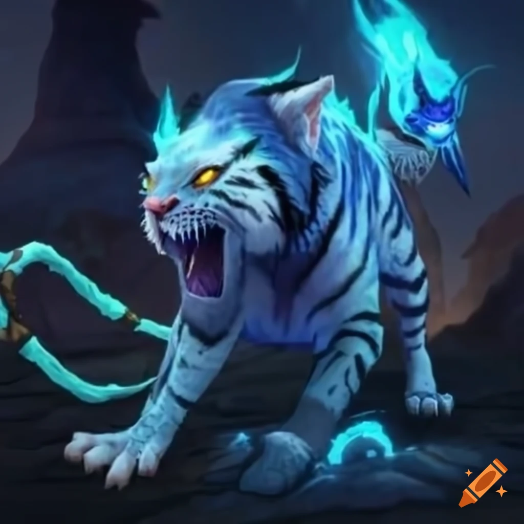 Spectral world of warcraft tiger attacking and roaring in electric blue ...