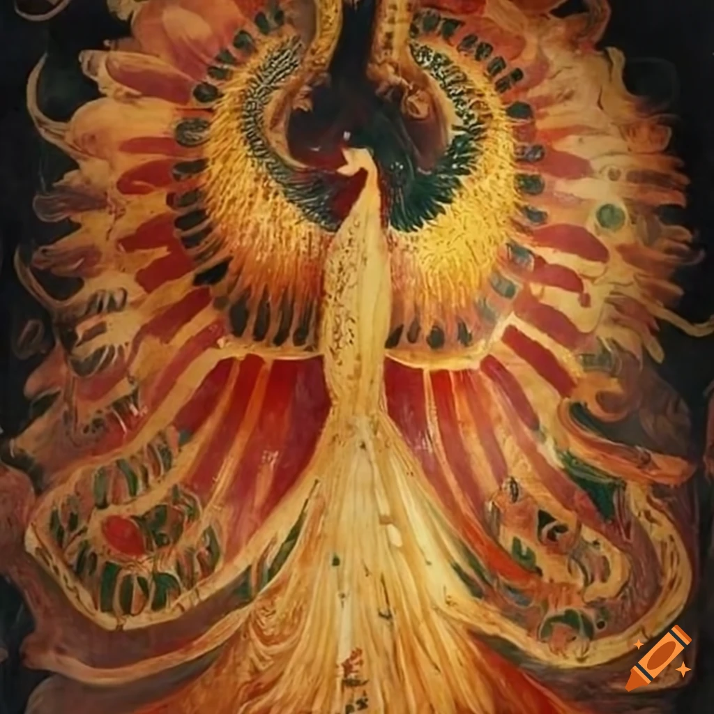 Ancient painting of a phoenix connecting with a human on Craiyon