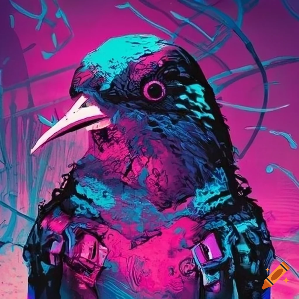 Cyberpunk bird screenprint on Craiyon