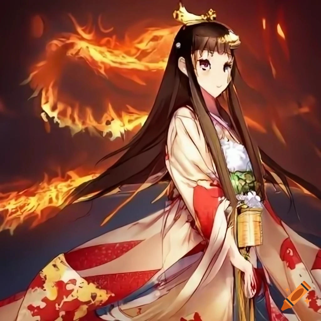 Anime wise queen with crown of fire in golden kimono, half human half ...