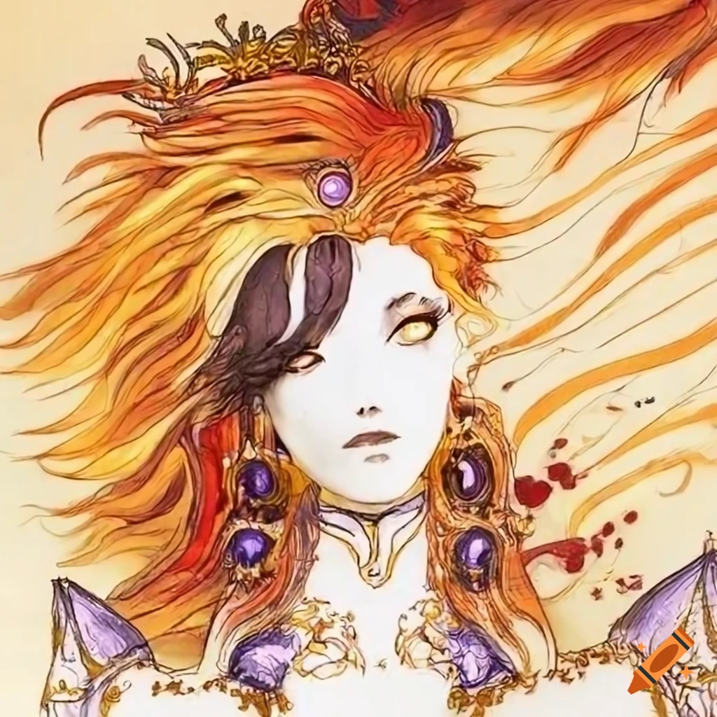 Imperial fire queen with golden flowing hair in yoshitaka amano style ...