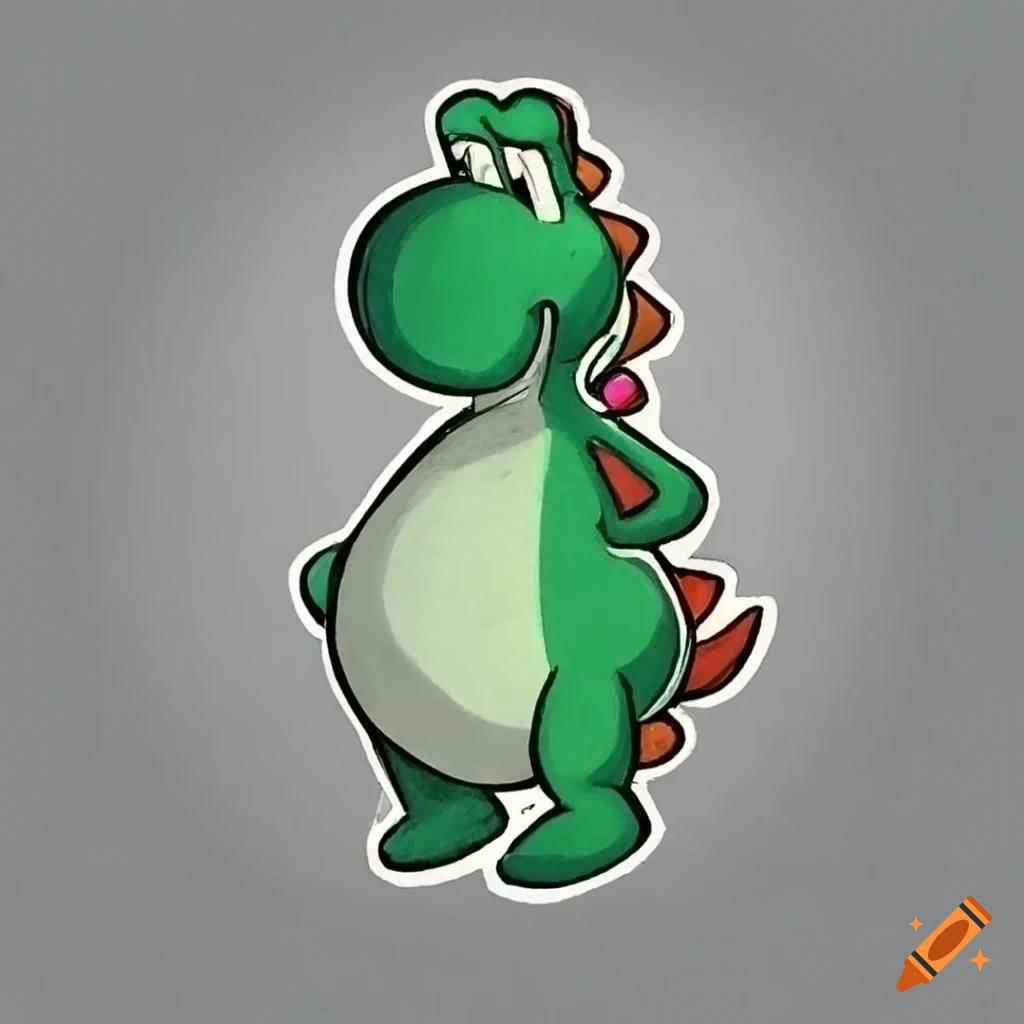 Green yoshi from super mario bros. with a large belly in hand-drawn ...
