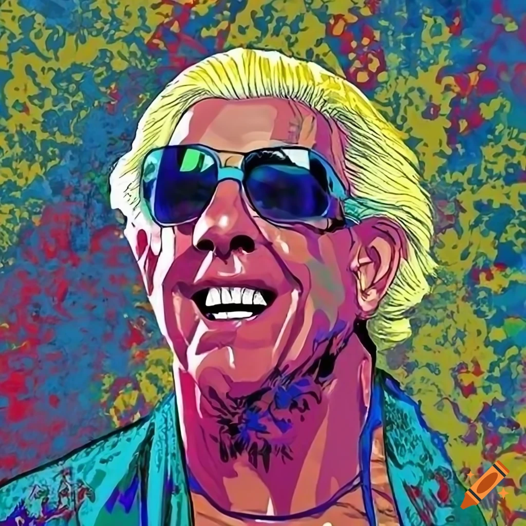 Pop art portrait of nature boy ric flair in red and yellow attire on ...