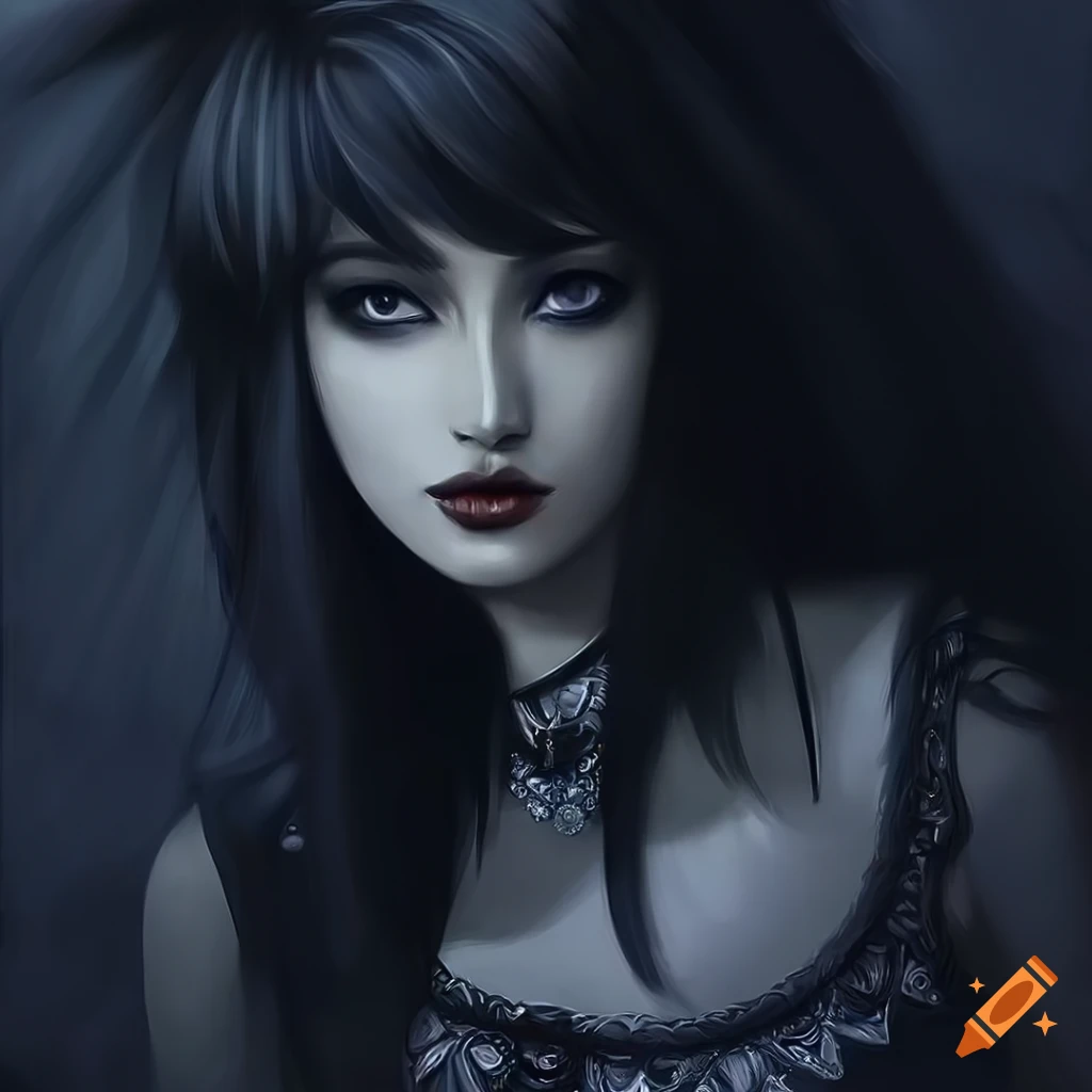 Gothic girl with black hair in a striking digital painting by various artists on Craiyon