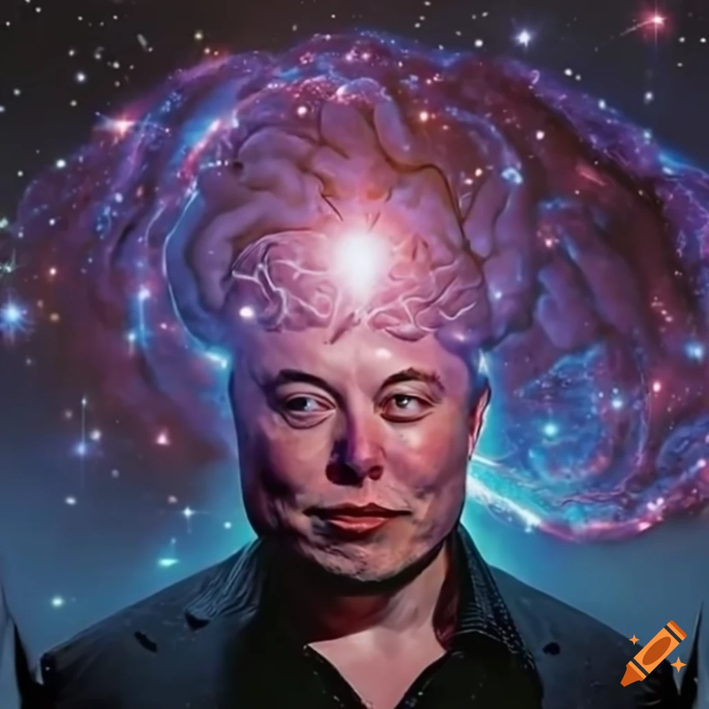 Genius depiction of elon musk with a giant visible galaxy brain on Craiyon