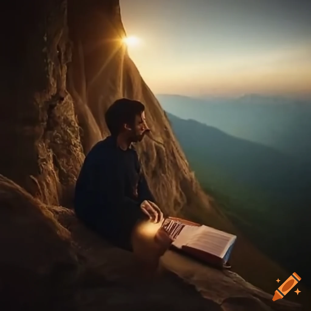 Man contemplating life in the mountains surrounded by vedic books on ...
