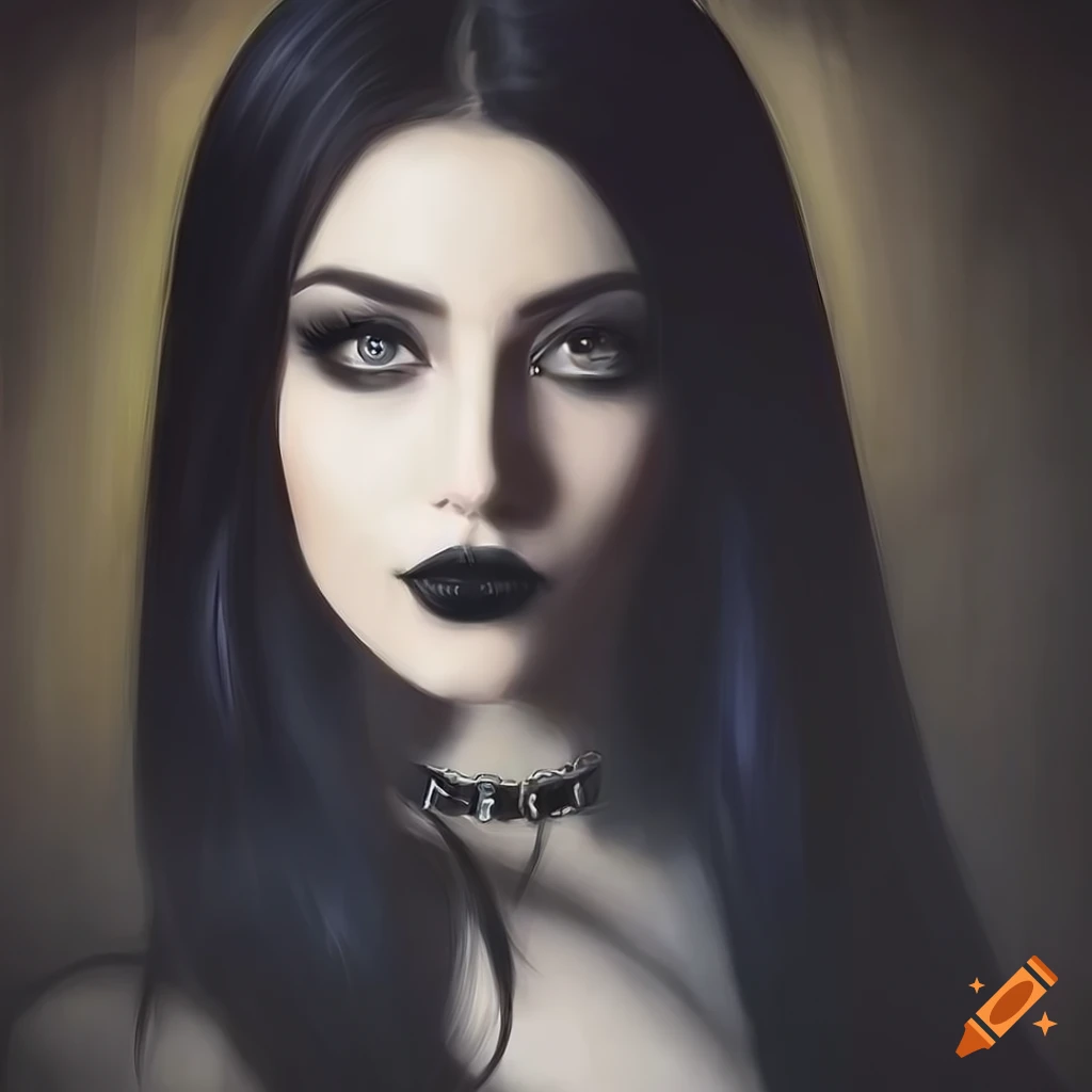 Gothic girl with black hair in a striking digital painting by various artists on Craiyon