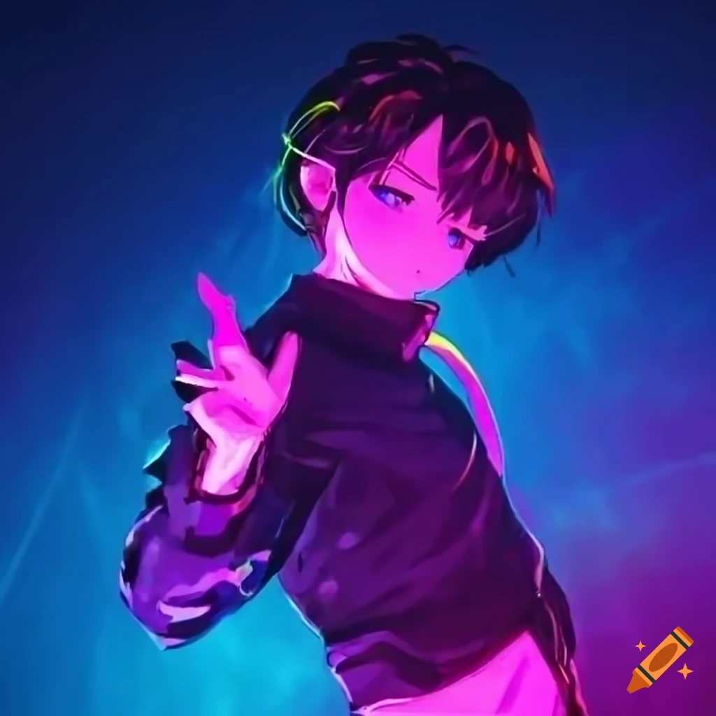 Arcade dancer boy in neon pose wearing arcade jacket, anime style on ...