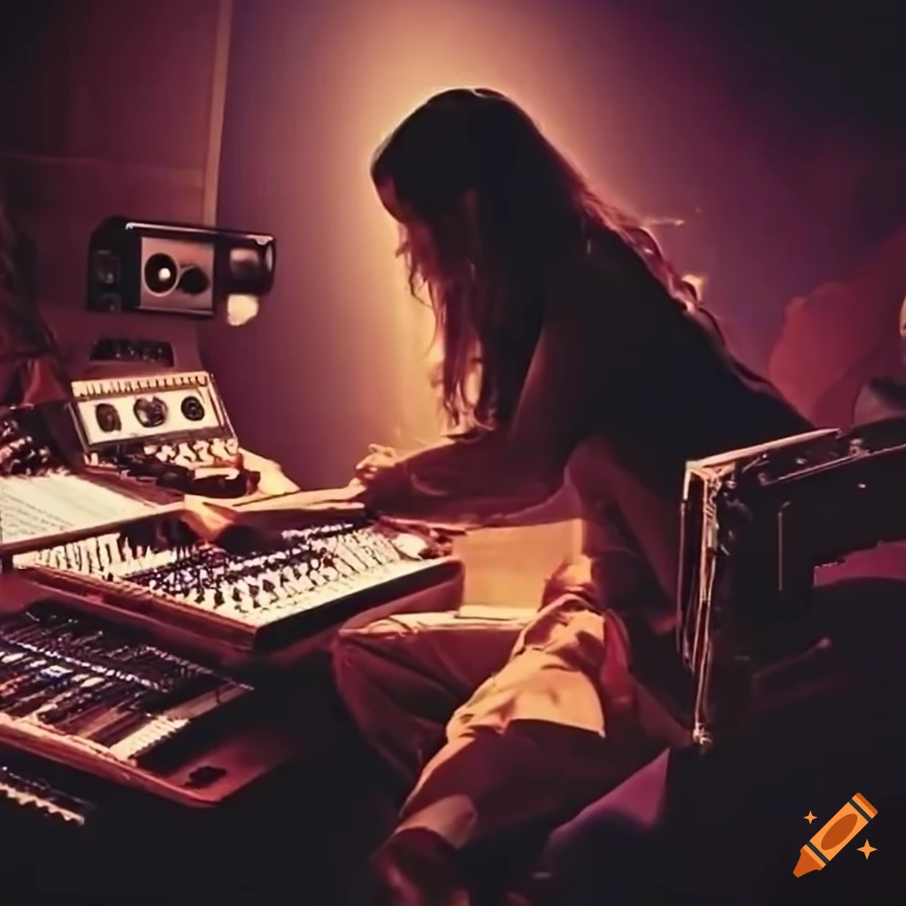 Producer and rock guitarist in a retro recording studio on Craiyon