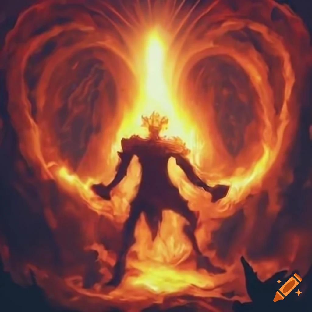 Ignus the fire god emerging from a cosmic inferno engulfed in flames on ...