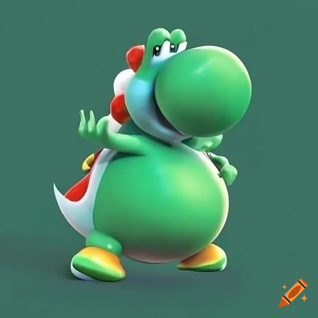 Green Yoshi from Super Mario Bros series with a large belly eating a ...