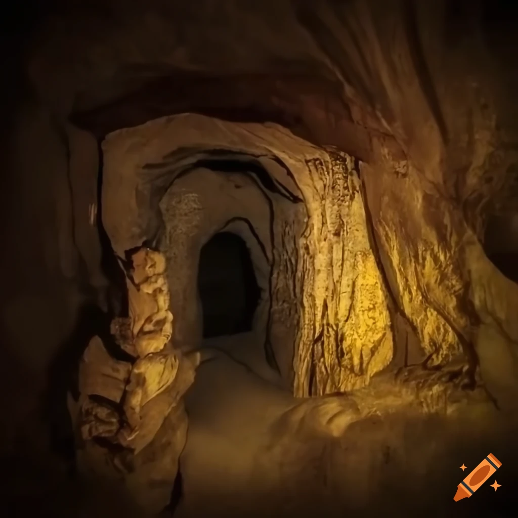 Very old small golden chest in a dark and narrow cave on Craiyon