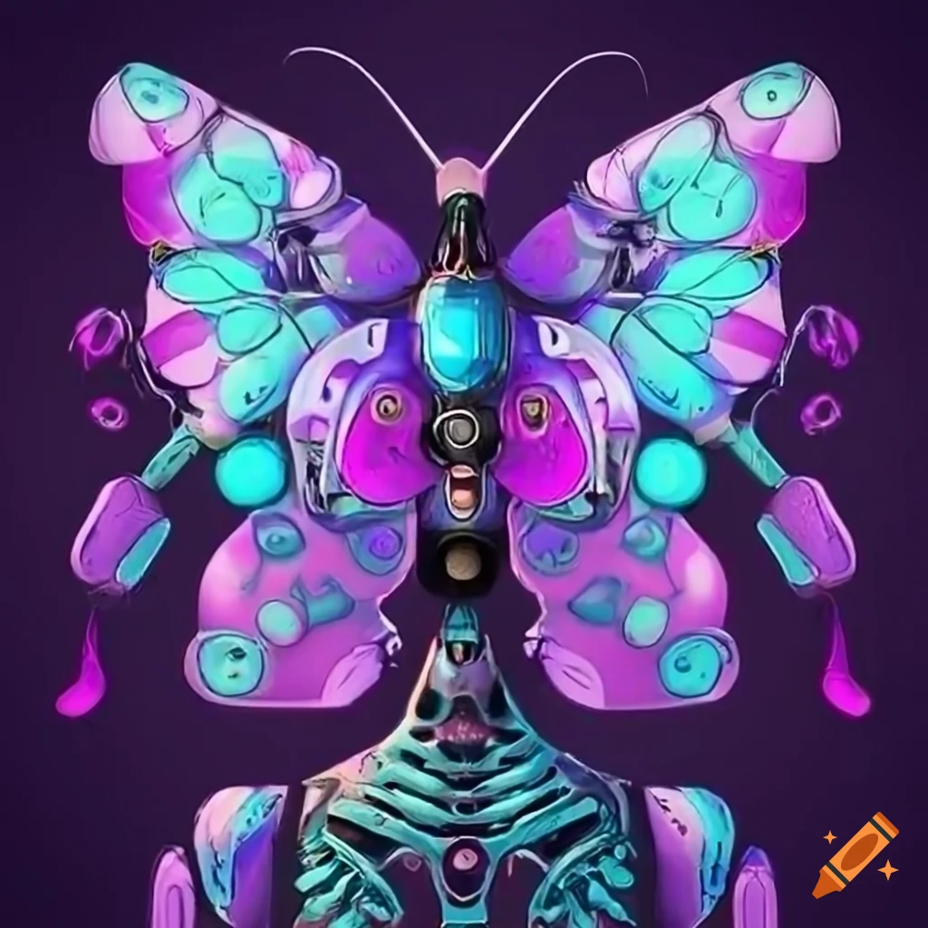 Cyberpunk robot butterfly with skull, flowers, in pastel colors on Craiyon