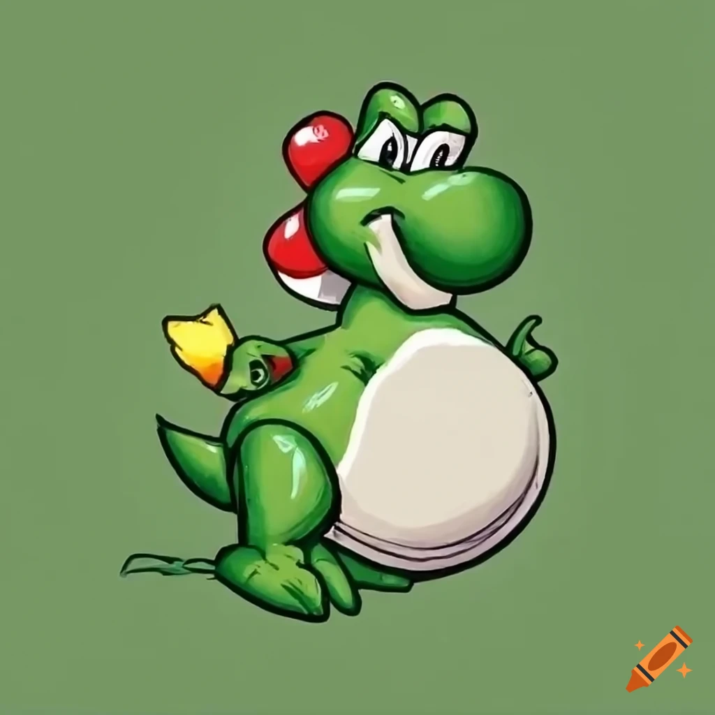 Green Yoshi from Super Mario Bros. with a large belly in hand-drawn ...