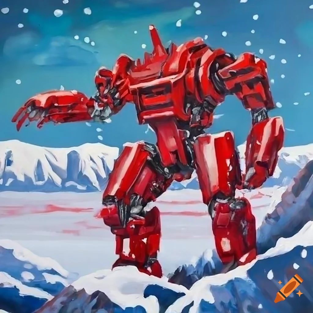 Giant red mecha walking in snowy mountains in an acrylic painting on ...