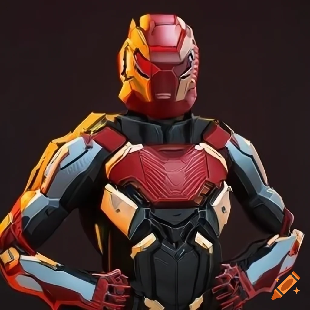 Modern male superhero in lightweight armor with red and gold accents on ...