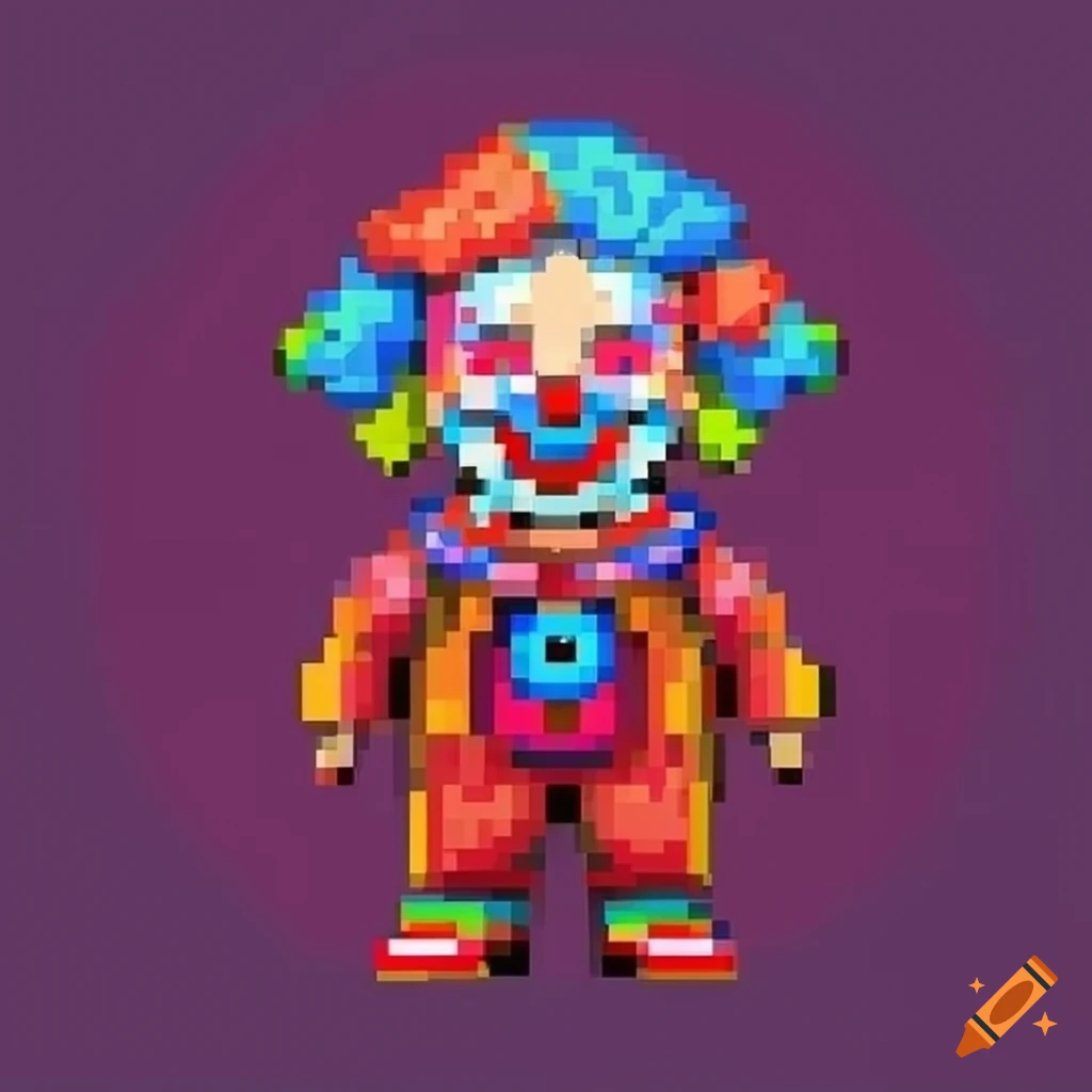 Pixel art of a cute clown in a red suit on Craiyon