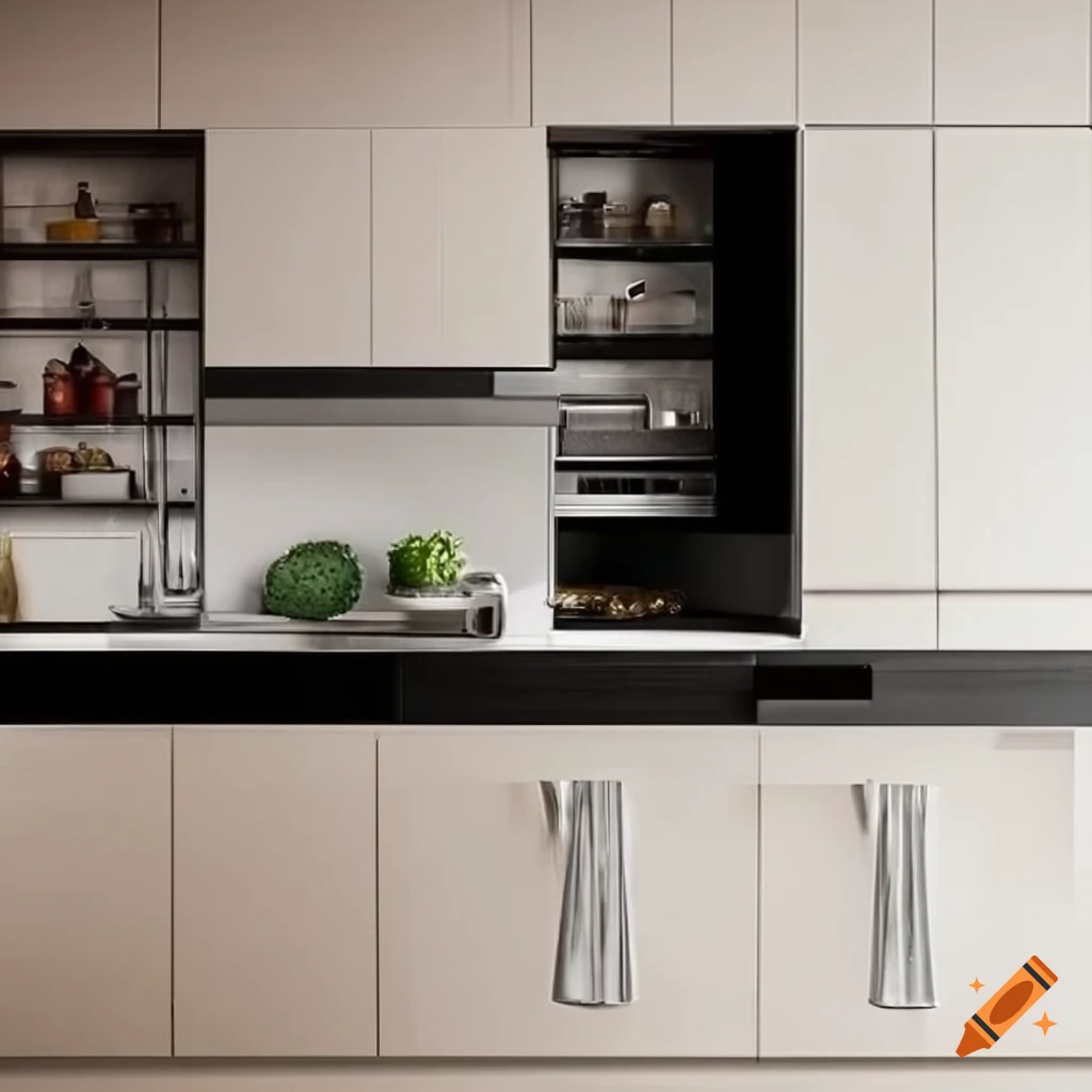 Modern kitchen with drawer handles and open cabinet flaps showing ...