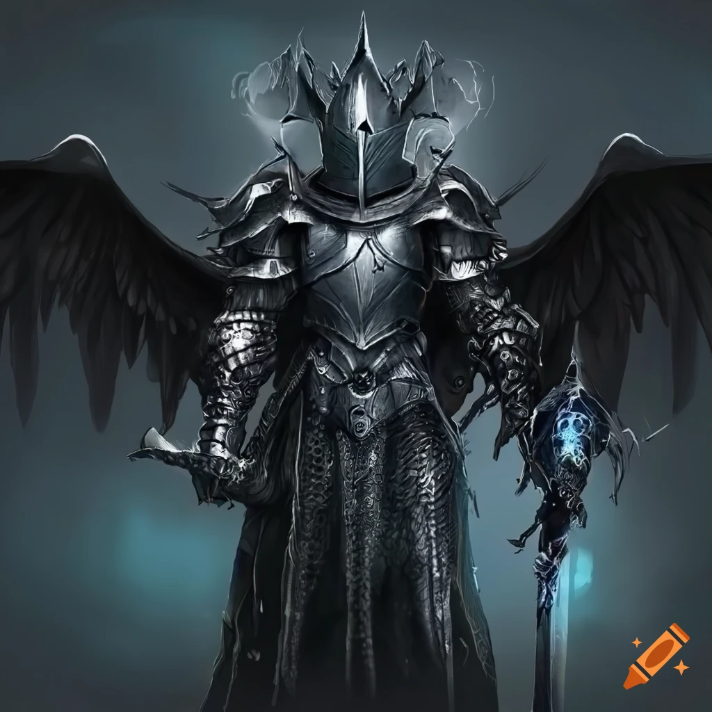 Epic black knight in intricate black armor with dark wings and glowing ...