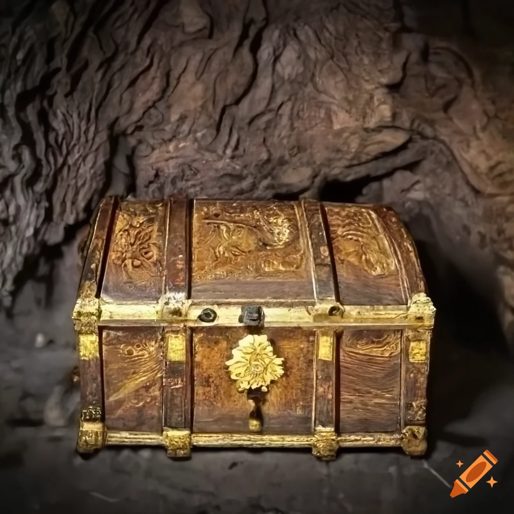 Small old golden chest in a dark cave on Craiyon