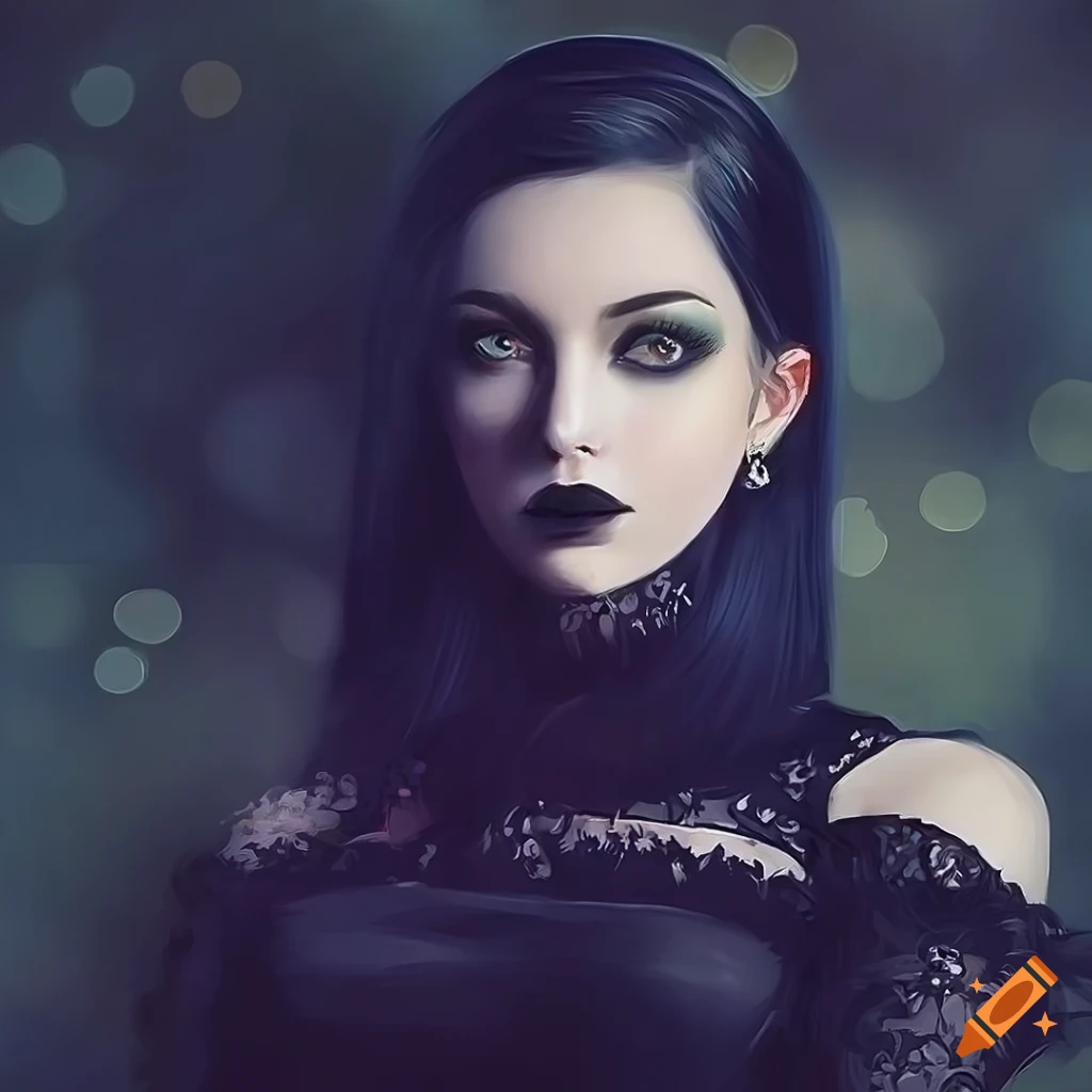 Gothic girl with black hair in a striking digital painting by various artists on Craiyon