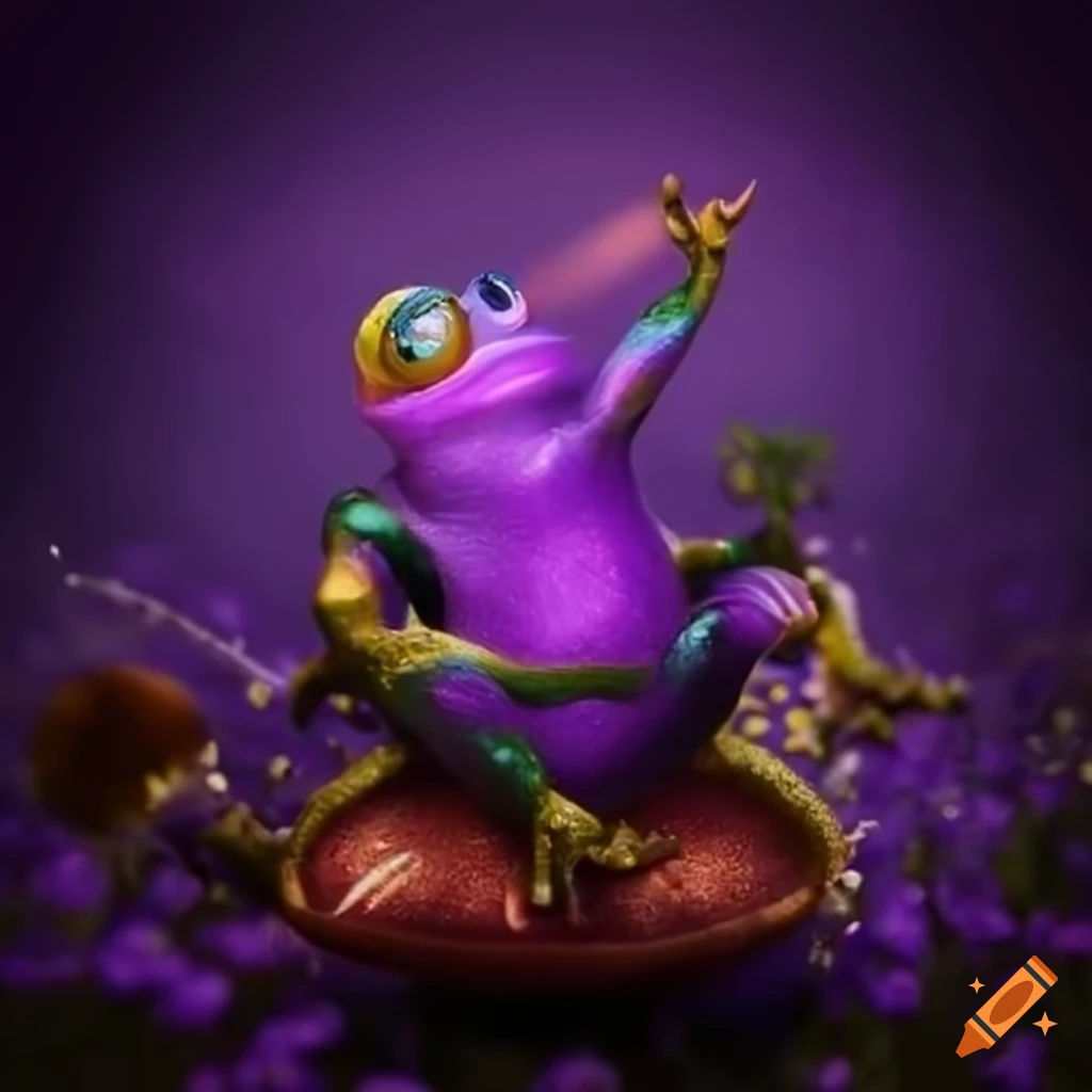 Purple frog king and legion with monad slogan in purple flower field on ...