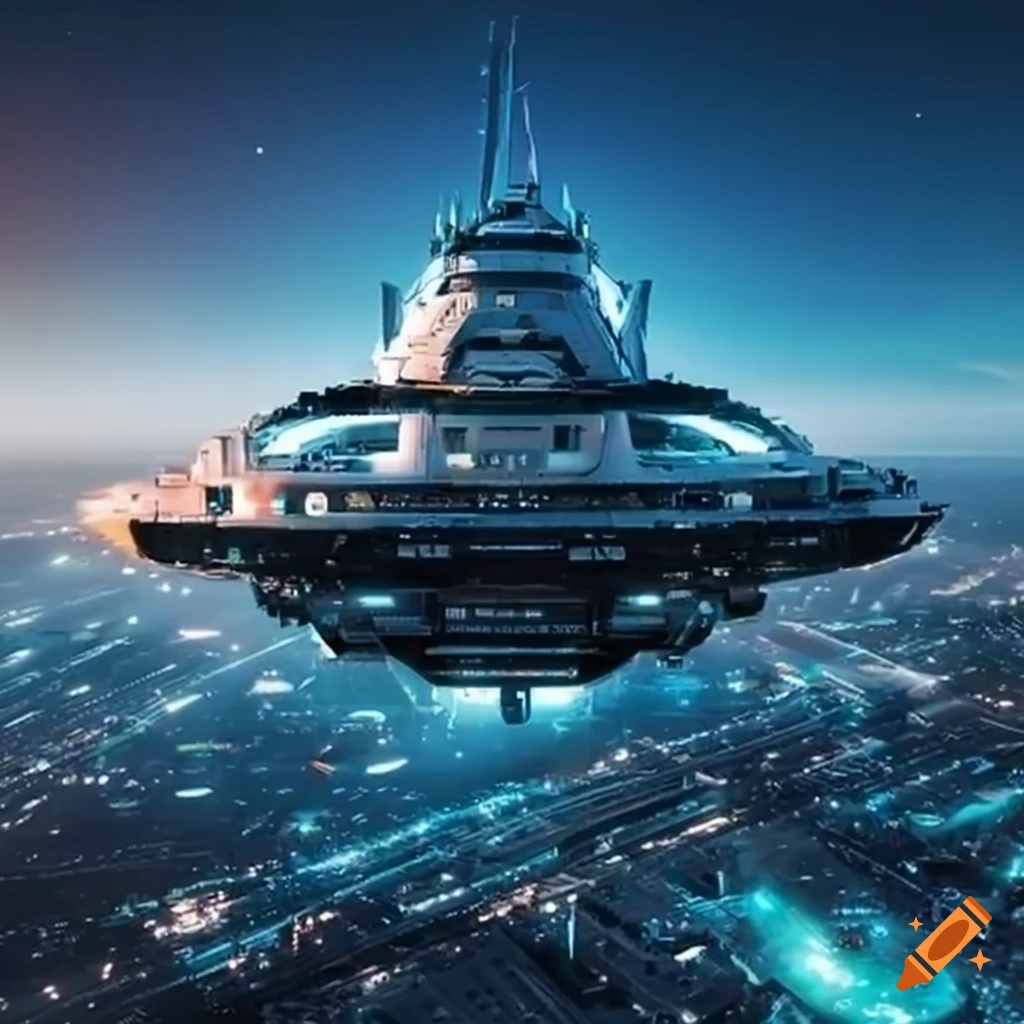 Sci-fi future city with docking space ship from a high angle view on Craiyon