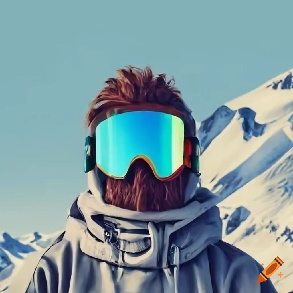 Snowboarder with goggles and headphones against mountain backdrop ...