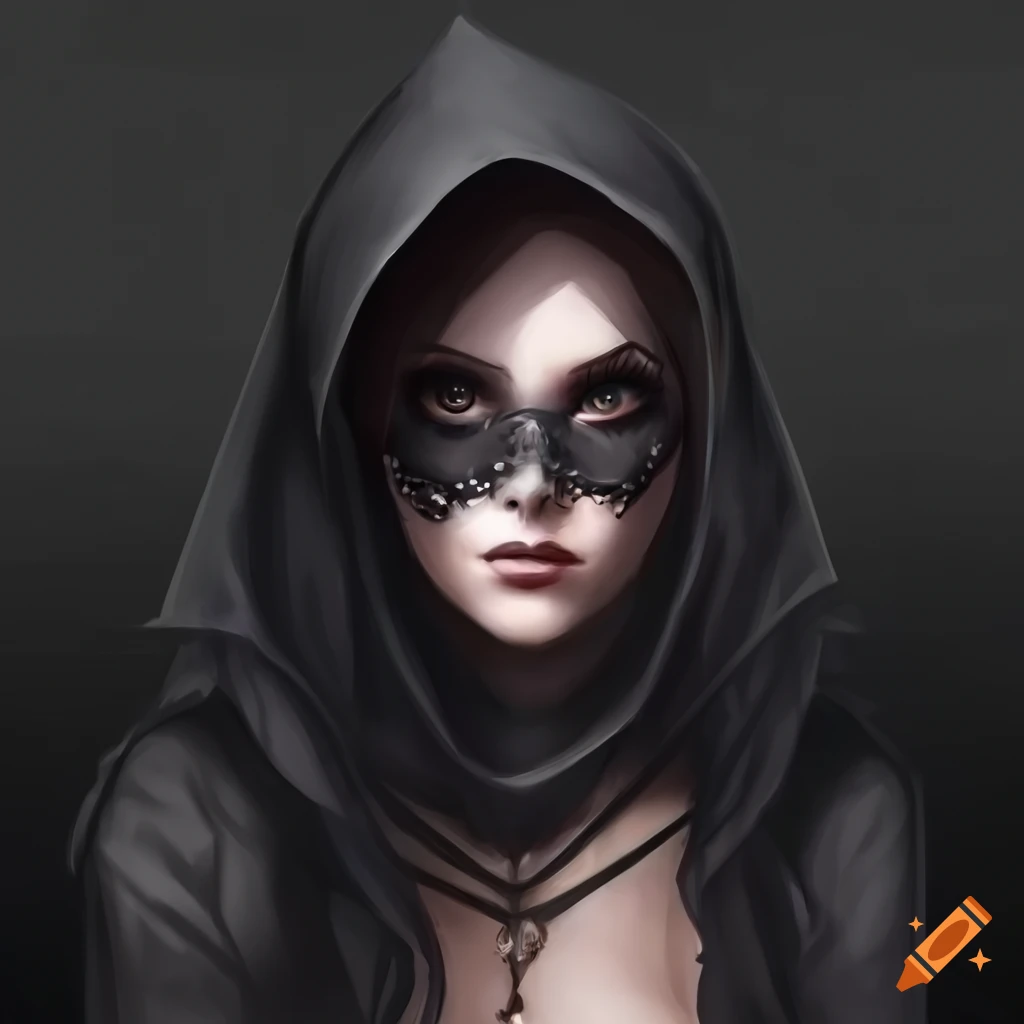 Fantasy girl in black robes with a hood and mask on Craiyon