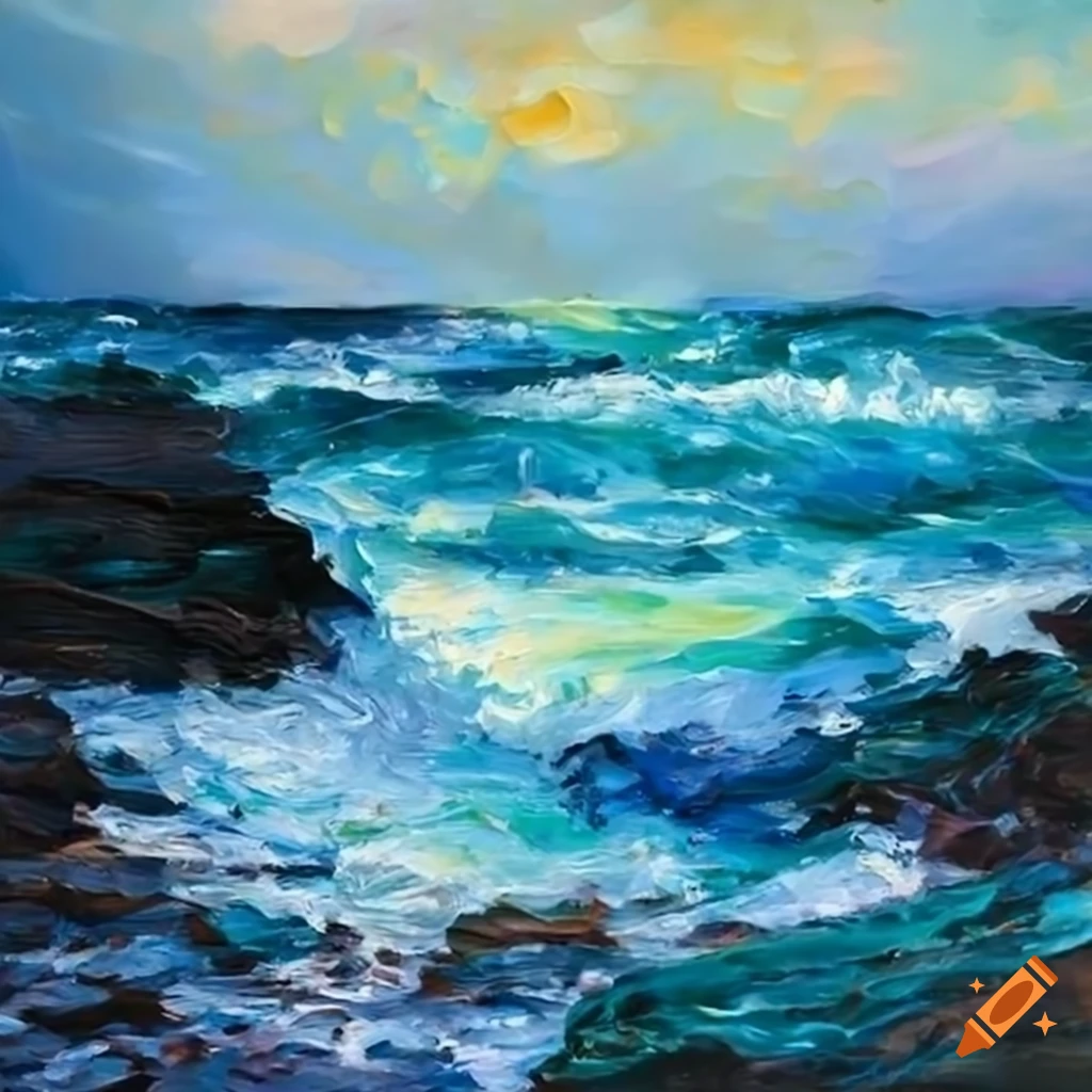 Impressionist painting of ocean waves crashing onto rocky shore on Craiyon