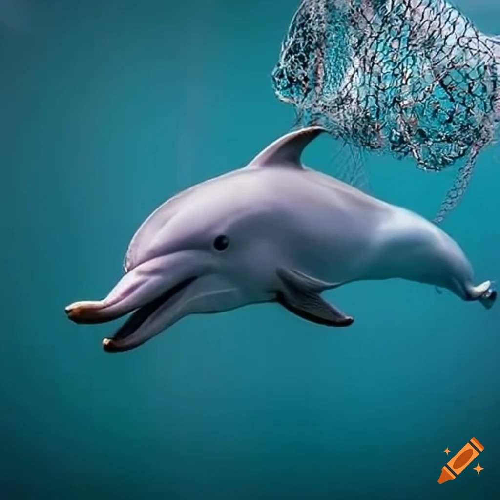Dolphin caught in a plastic fish net on Craiyon