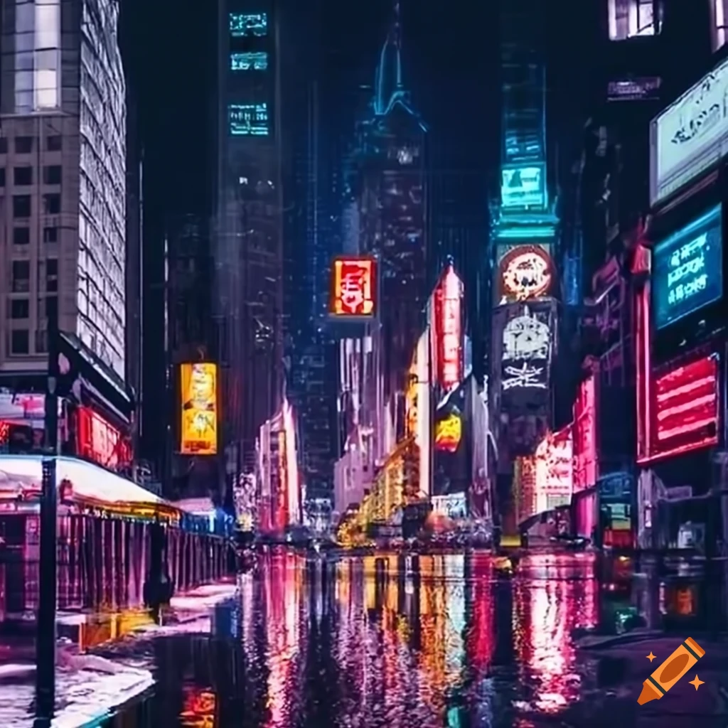 Time square with neon signs during rain on Craiyon