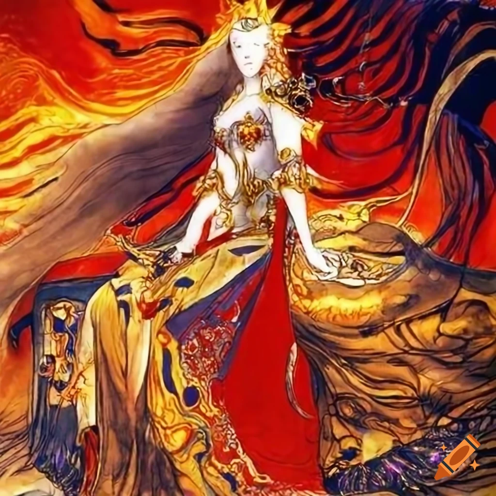 Imperial fire queen armored cleric priestess in the style of yoshitaka ...