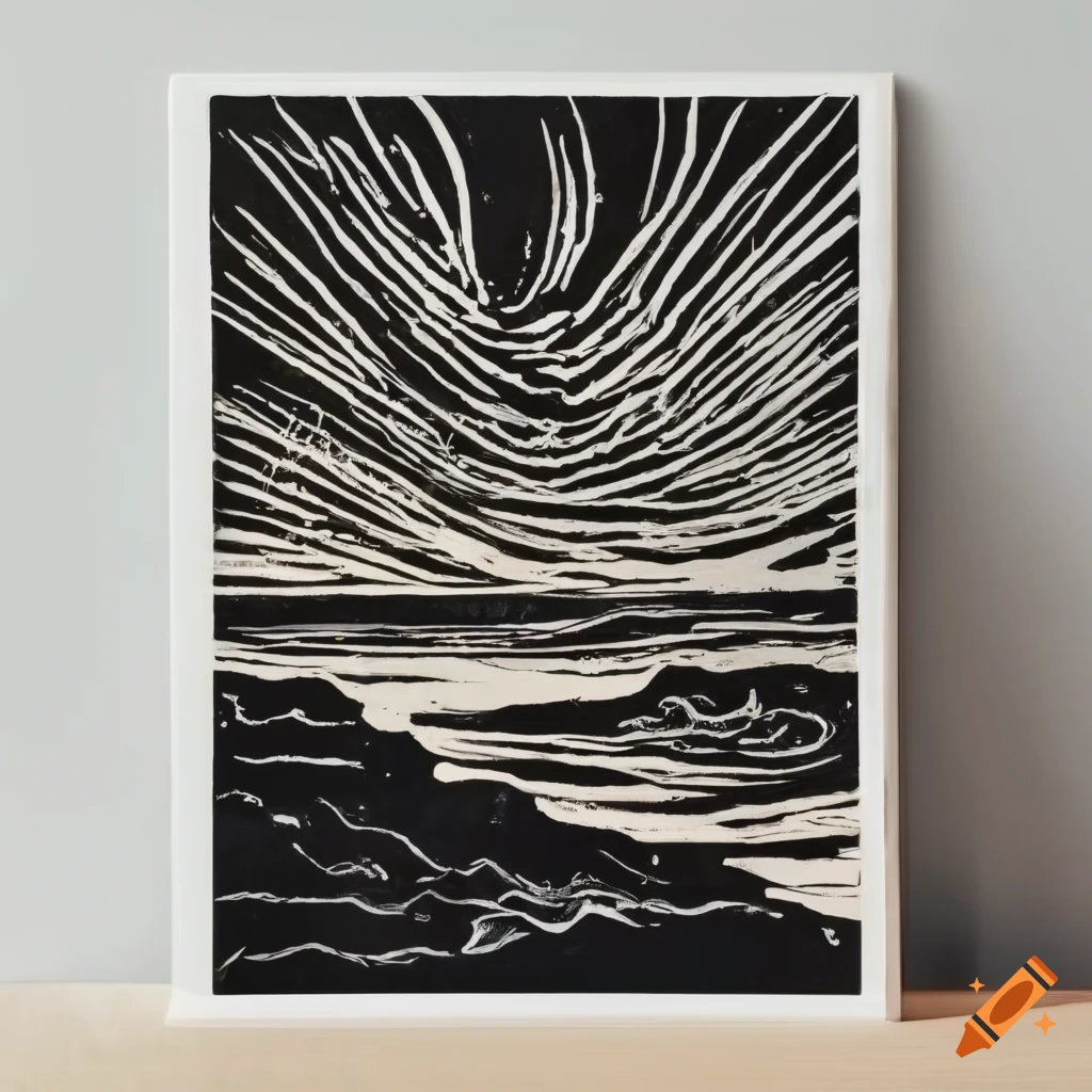 Seascape black linocut art on Craiyon