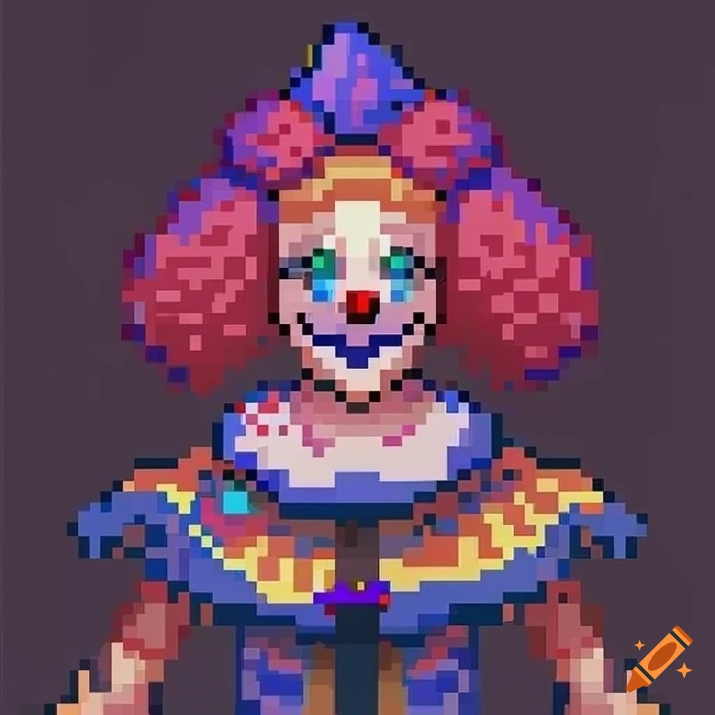 Pixel art of a battle-ready clown girl on Craiyon