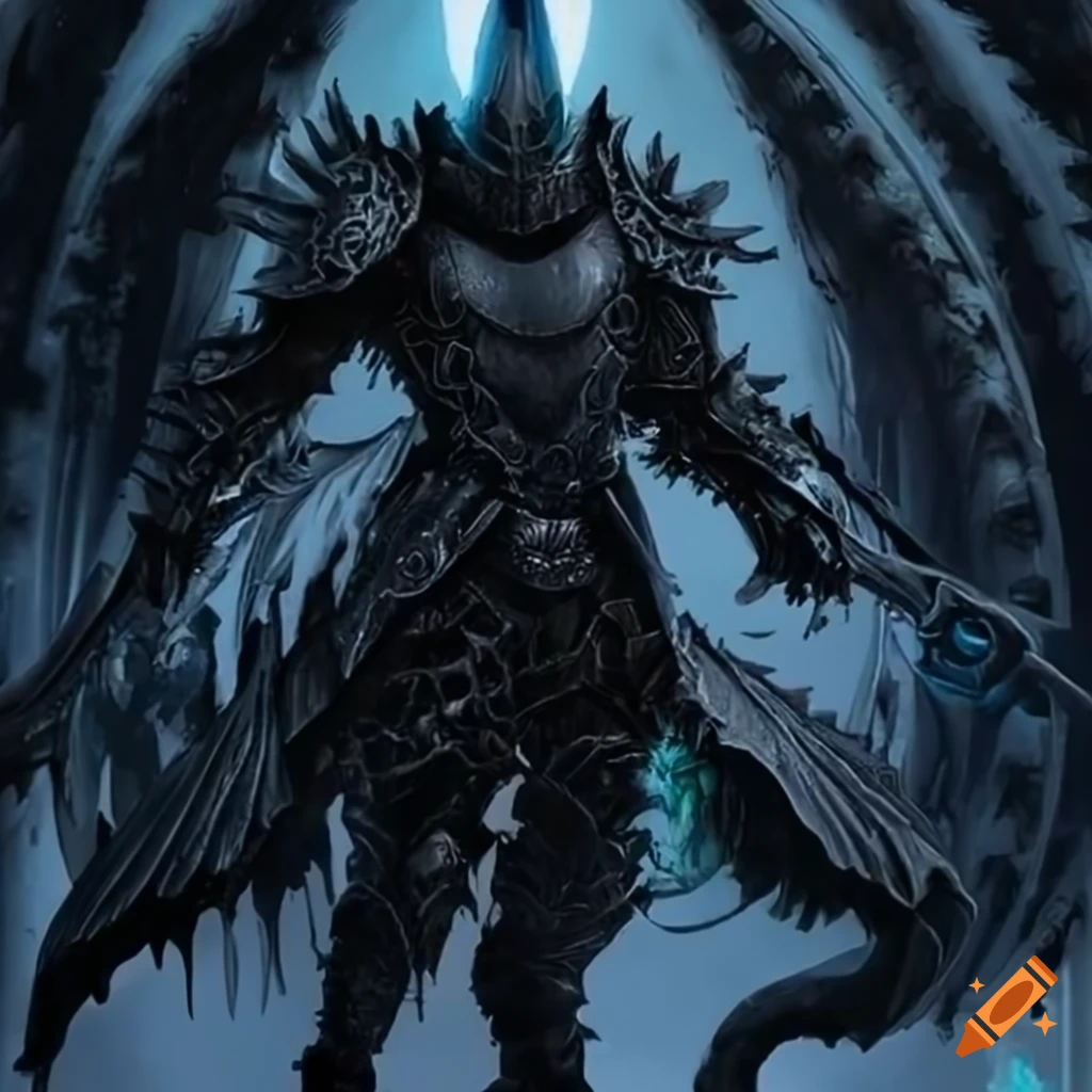 Epic black knight in intricate armor with dark wings and glowing blue ...